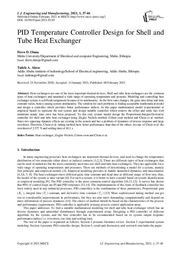 (PDF) PID Temperature Controller Design for Shell and Tube Heat Exchanger