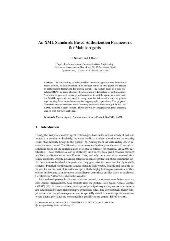 An XML Standards Based Authorization Framework for Mobile Agents