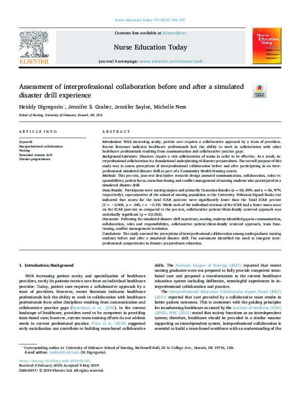 (PDF) Assessment of interprofessional collaboration before and after a simulated disaster drill ...