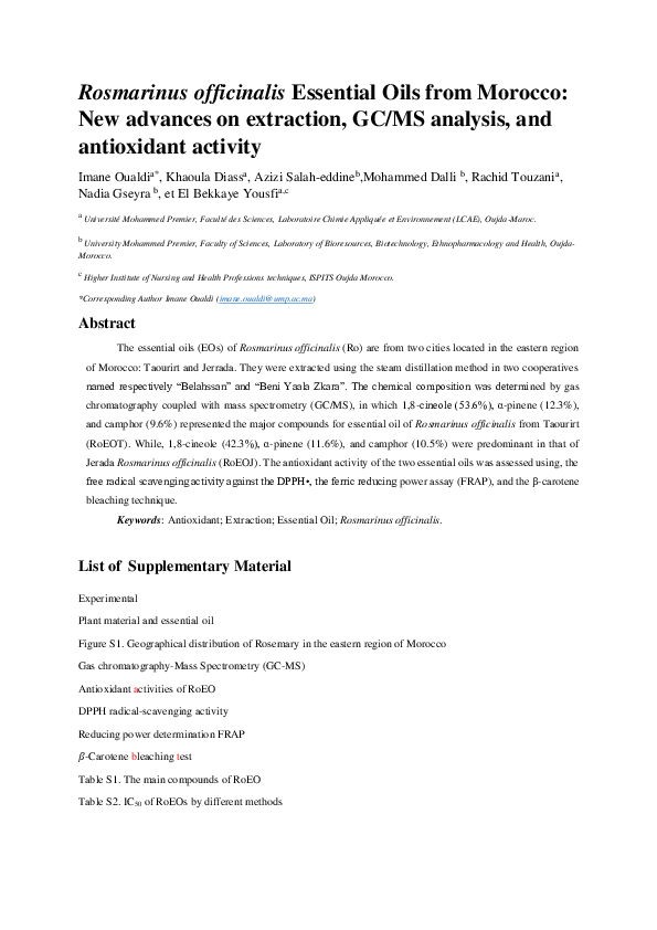(PDF) Rosmarinus officinalis essential oils from Morocco: new advances on extraction, GC/MS ...