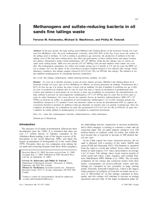 (PDF) Methanogens and sulfate-reducing bacteria in oil sands fine tailings waste