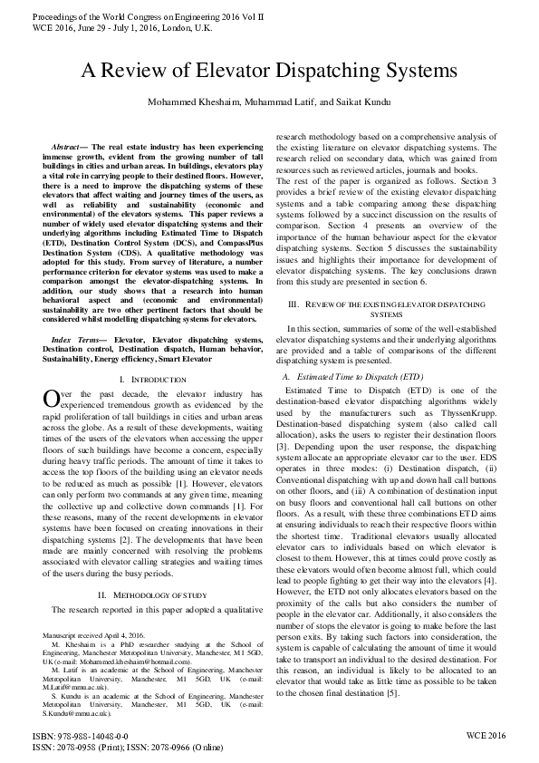 (PDF) A Review of Elevator Dispatching Systems | Muhammad Sajid Latif - Academia.edu
