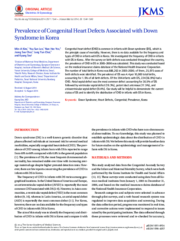 (PDF) Prevalence of Congenital Heart Defects Associated with Down ...