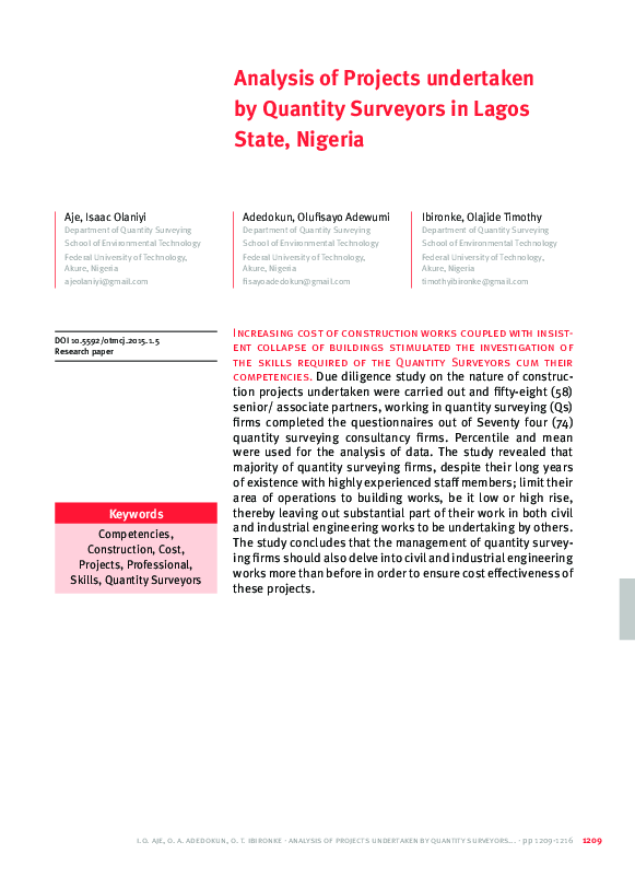 (PDF) Analysis of Projects undertaken by Quantity Surveyors in Lagos ...