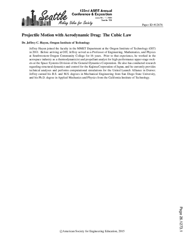 Pdf Projectile Motion With Aerodynamic Drag The Cubic Law