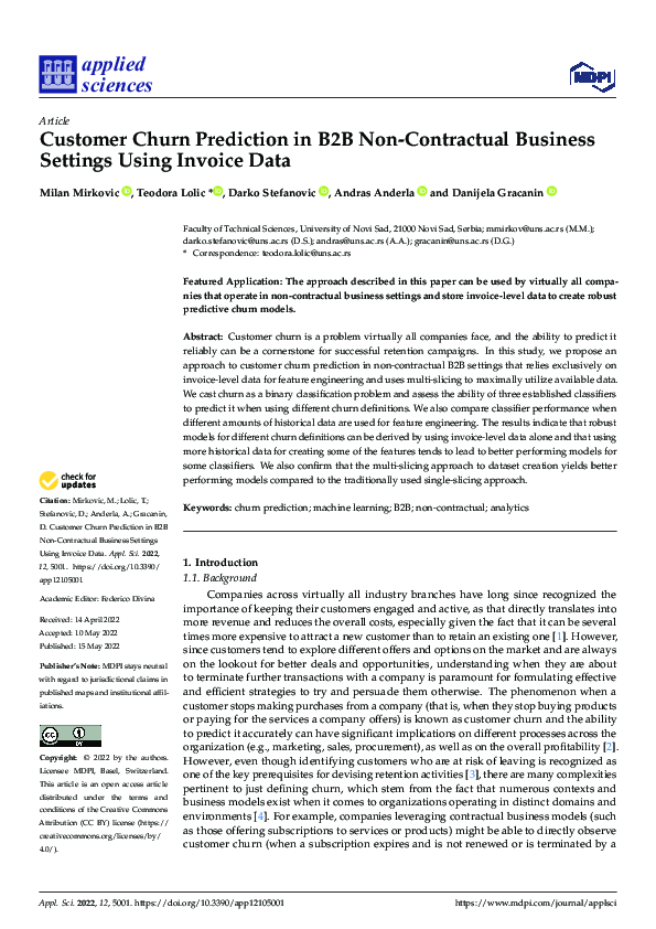 (PDF) Customer Churn Prediction in B2B Non-Contractual Business Settings Using Invoice Data