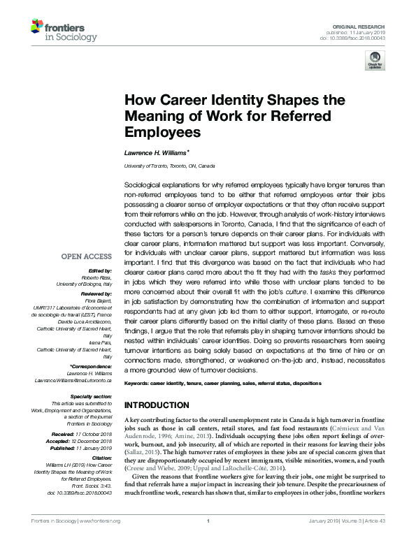 (PDF) How Career Identity Shapes the Meaning of Work for Referred Employees