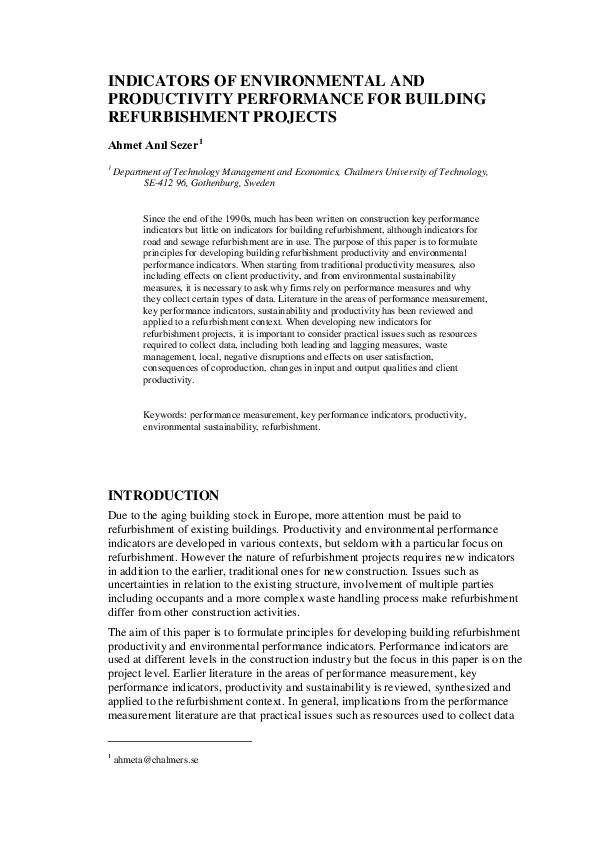 (PDF) Indicators of environmental and productivity performance for building refurbishment projects