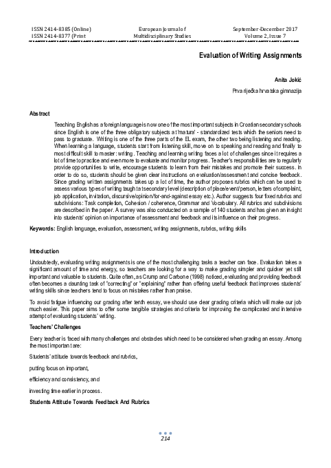 (PDF) Evaluation of Writing Assignments