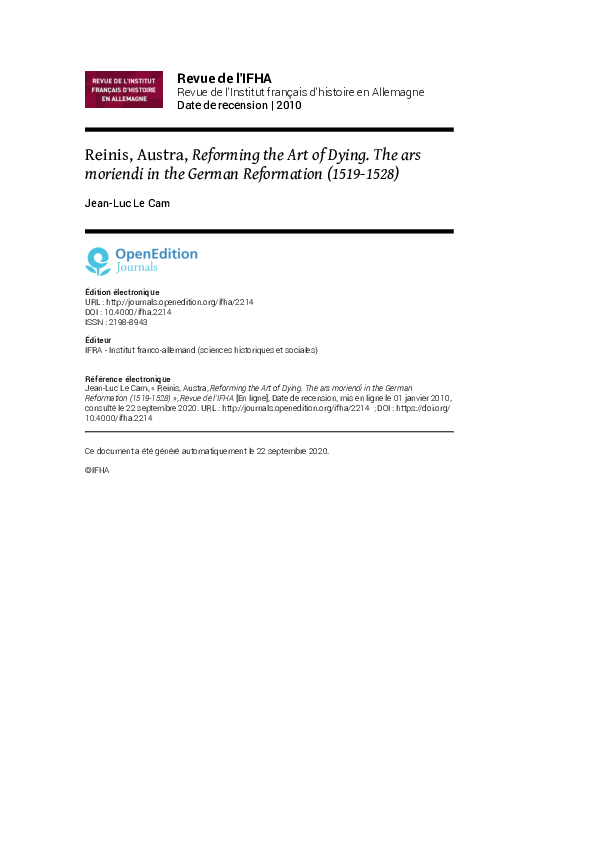 (PDF) Reinis, Austra, Reforming the Art of Dying. The ars moriendi in ...
