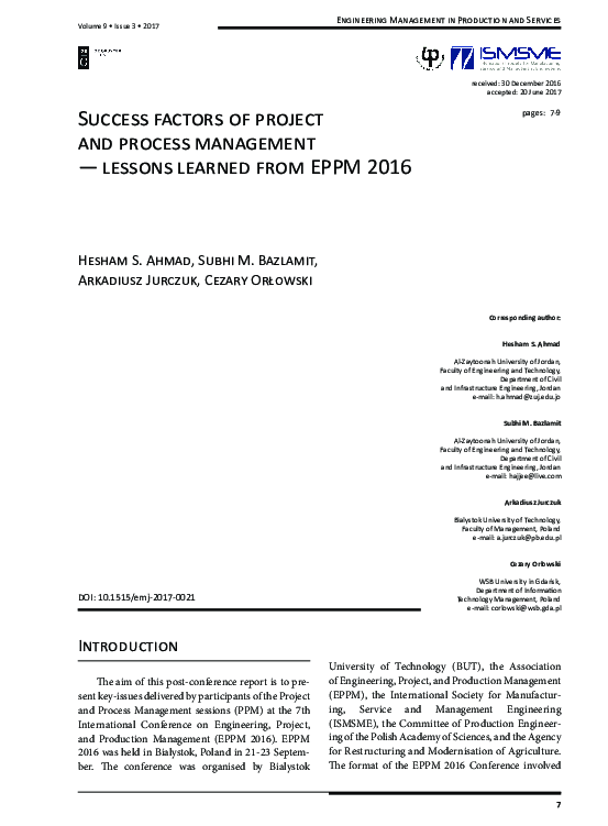 (PDF) Success factors of project and process management — lessons ...