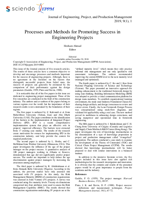 (PDF) Processes and Methods for Promoting Success in Engineering Projects