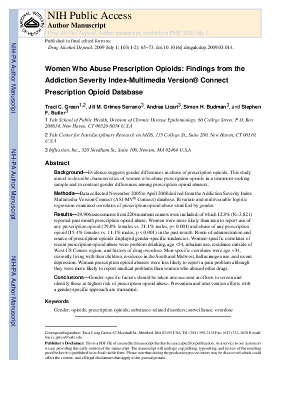 (PDF) Women who abuse prescription opioids: Findings from the Addiction ...