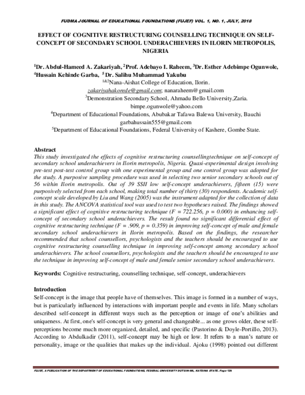 (PDF) Effect of Cognitive Restructuring Counselling Technique on Self-Concept of Secondary ...