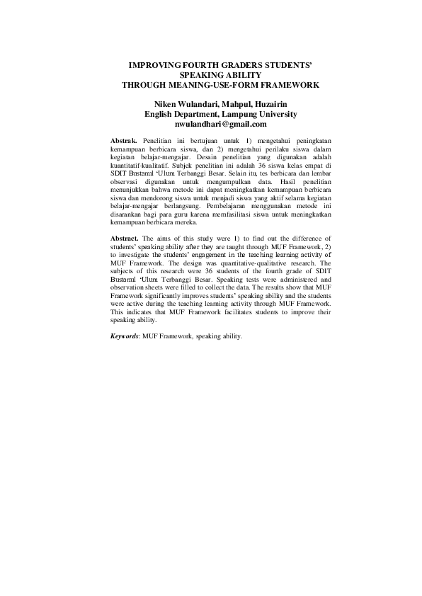 (PDF) Improving Fourth Graders Students' Speaking Ability Through Meaning-Use-Form Framework