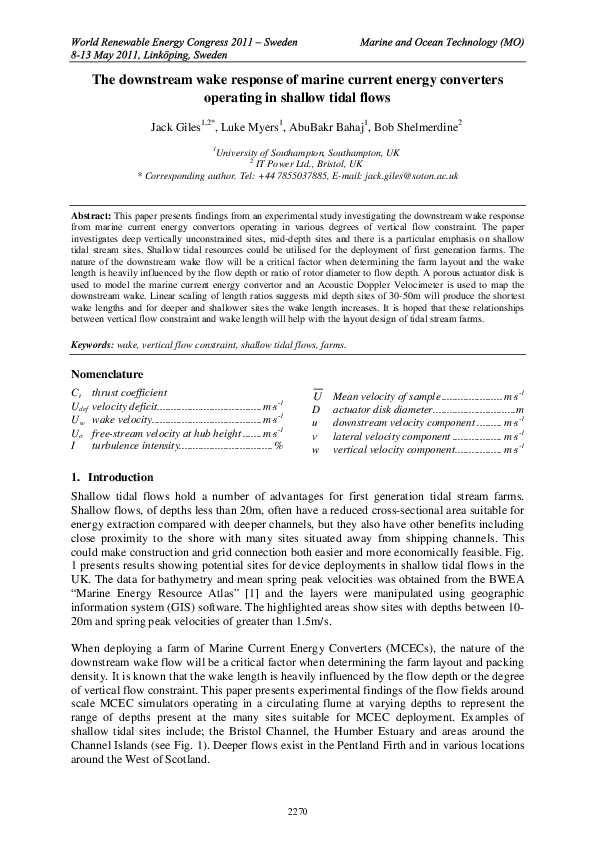 (PDF) The Downstream Wake Response of Marine Current Energy Converters Operating in Shallow ...