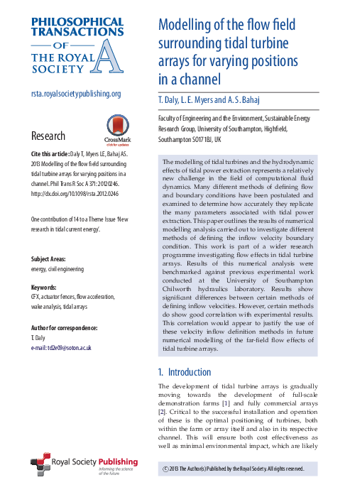 Pdf Modelling Of The Flow Field Surrounding Tidal Turbine Arrays For