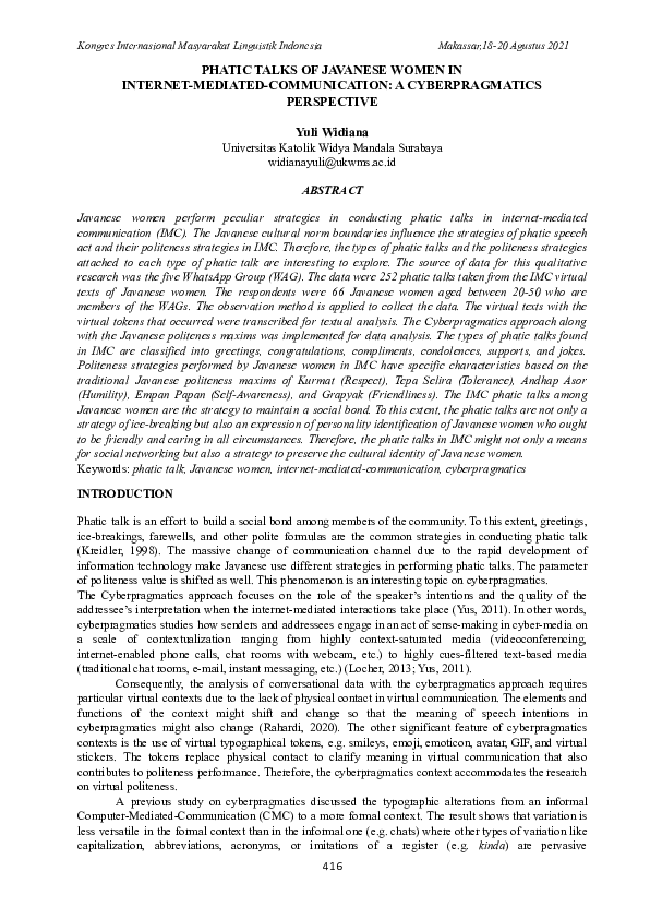 (PDF) Phatic Talks of Javanese Women in Internet-Mediated-Communication ...