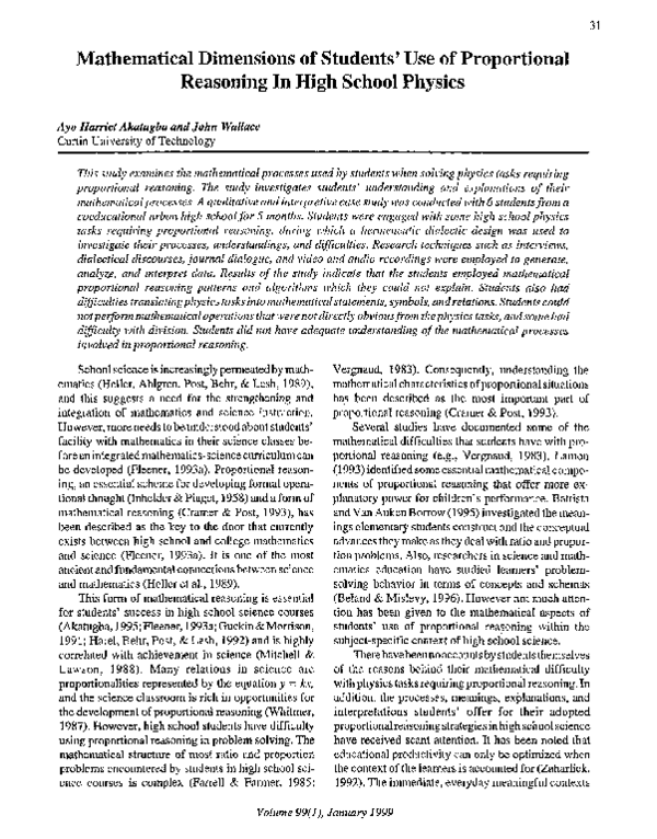 (PDF) Mathematical Dimensions of Students' Use of Proportional Reasoning In High School Physics