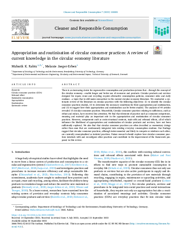 (PDF) Appropriation and routinisation of circular consumer practices: A ...