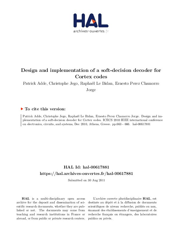(PDF) Design and implementation of a soft-decision decoder for Cortex codes (PDF) Design and implementation of a soft-decision decoder for Cortex codes