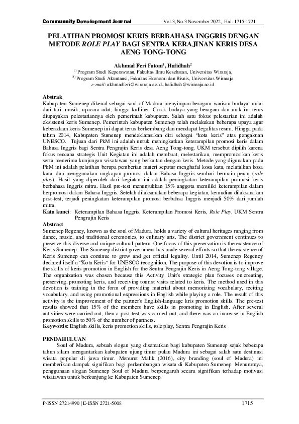 (PDF) Pelatihan Promosi Keris Berbahasa Inggris Dengan Metode Role Play Bagi Sentra Kerajinan ...
