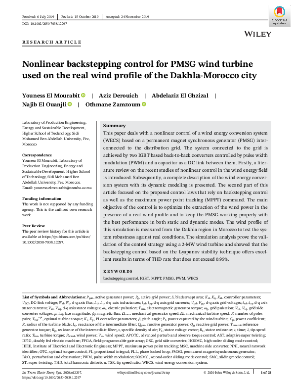 Pdf Nonlinear Backstepping Control For Pmsg Wind Turbine Used On The Real Wind Profile Of The