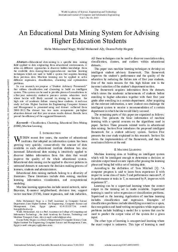 (PDF) An Educational Data Mining System For Advising Higher Education Students