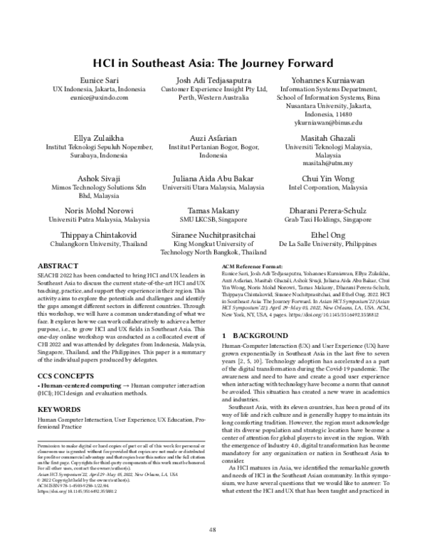 (PDF) HCI in Southeast Asia: The Journey Forward