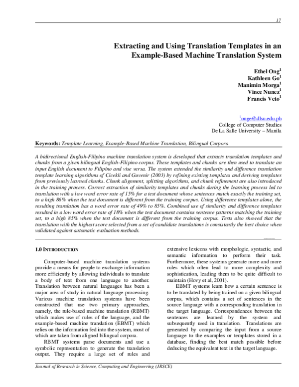 (PDF) Extracting and Using Translation Templates in an Example-Based ...