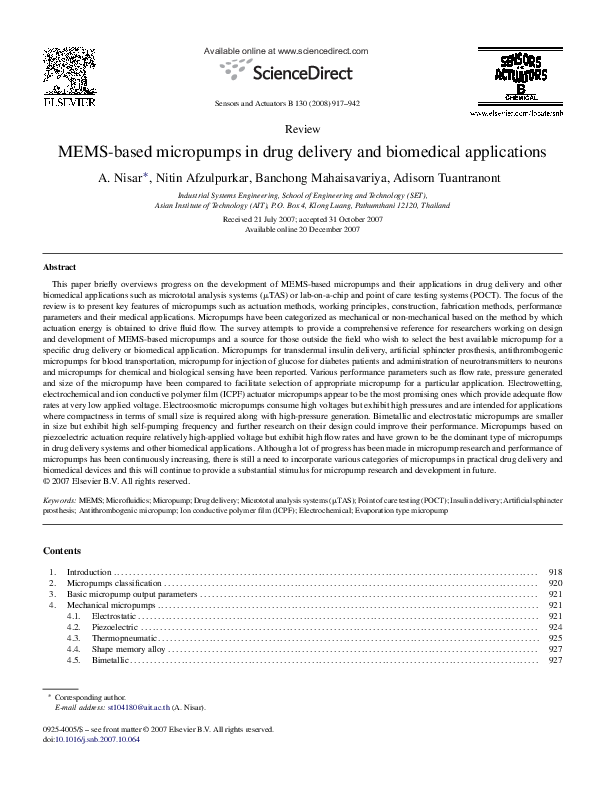 (PDF) MEMS-based micropumps in drug delivery and biomedical applications