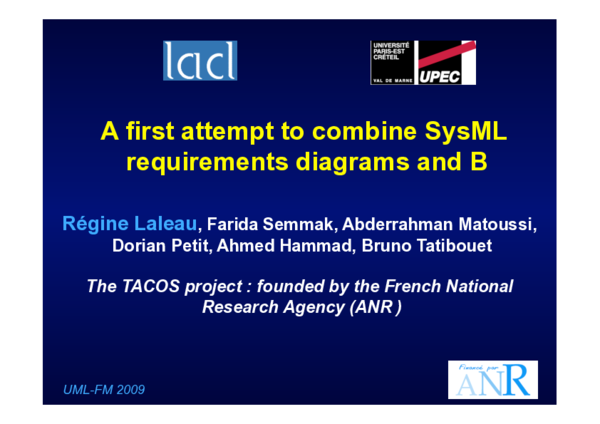 (PDF) A first attempt to combine SysML requirements diagrams and B | farida semmak - Academia.edu