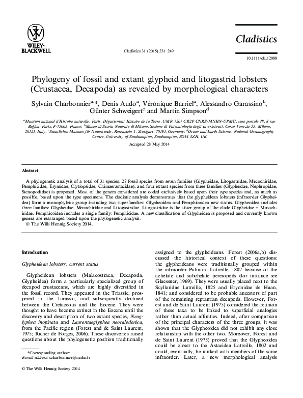 (PDF) Phylogeny of fossil and extant glypheid and litogastrid lobsters ...