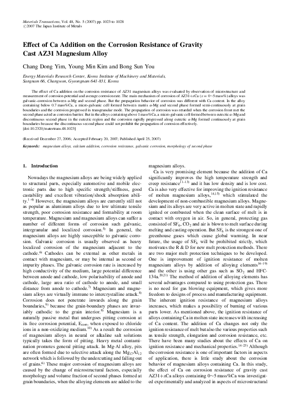 (PDF) Effect of Ca Addition on the Corrosion Resistance of Gravity Cast AZ31 Magnesium Alloy ...