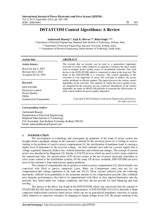 Pdf Dstatcom Control Algorithms A Review