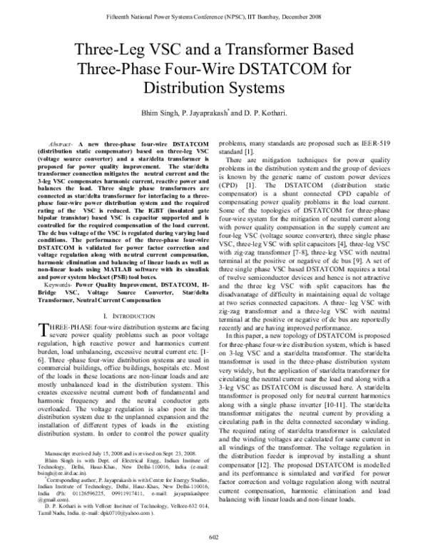 Pdf Three Leg Vsc And A Transformer Based Three Phase Four Wire