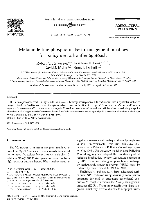 (PDF) Metamodelling phosphorus best management practices for policy use: a frontier approach