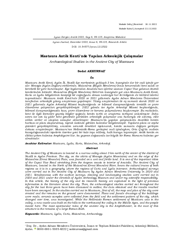 (PDF) Mastaura Antik Kenti'nde Yapılan Arkeolojik Çalışmalar ...