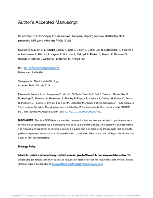 Pdf Comparison Of Transrectal Ultrasound Biopsy To Transperineal Template Mapping Biopsies