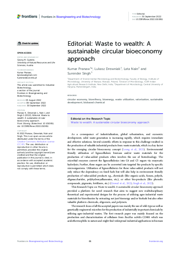 (PDF) Editorial: Waste to wealth: A sustainable circular bioeconomy ...