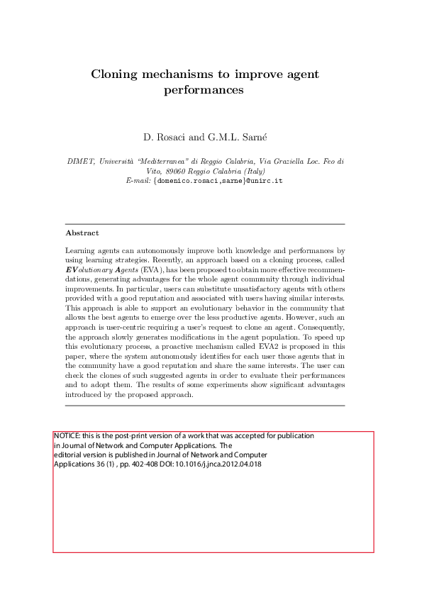 (PDF) Cloning mechanisms to improve agent performances | Domenico Rosaci - Academia.edu