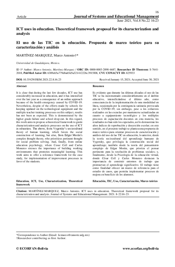 (PDF) ICT uses in education. Theoretical framework proposal for its characterization and analysis