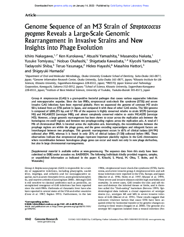 (PDF) Genome Sequence of an M3 Strain of Streptococcus pyogenes Reveals ...