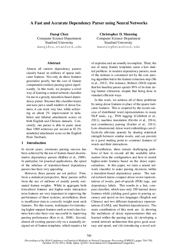 Pdf A Fast And Accurate Dependency Parser Using Neural Networks