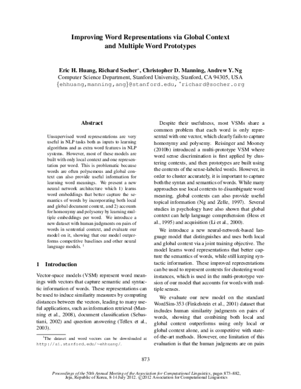 (PDF) Improving Word Representations via Global Context and Multiple Word Prototypes