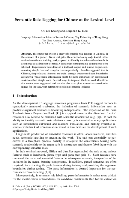 (PDF) Semantic Role Tagging for Chinese at the Lexical Level