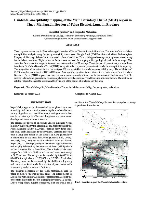 (PDF) Landslide susceptibility mapping of the Main Boundary Thrust (MBT) region in Tinau ...