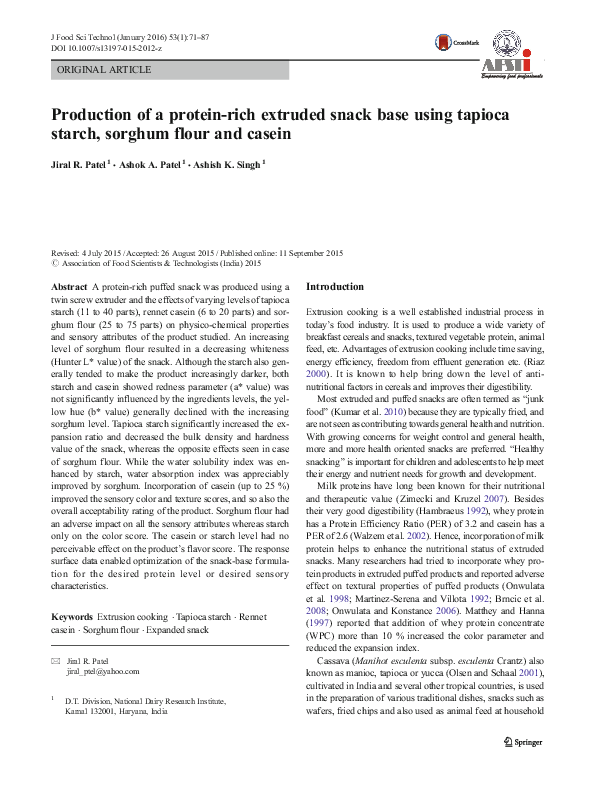 (PDF) Production of a protein-rich extruded snack base using tapioca ...