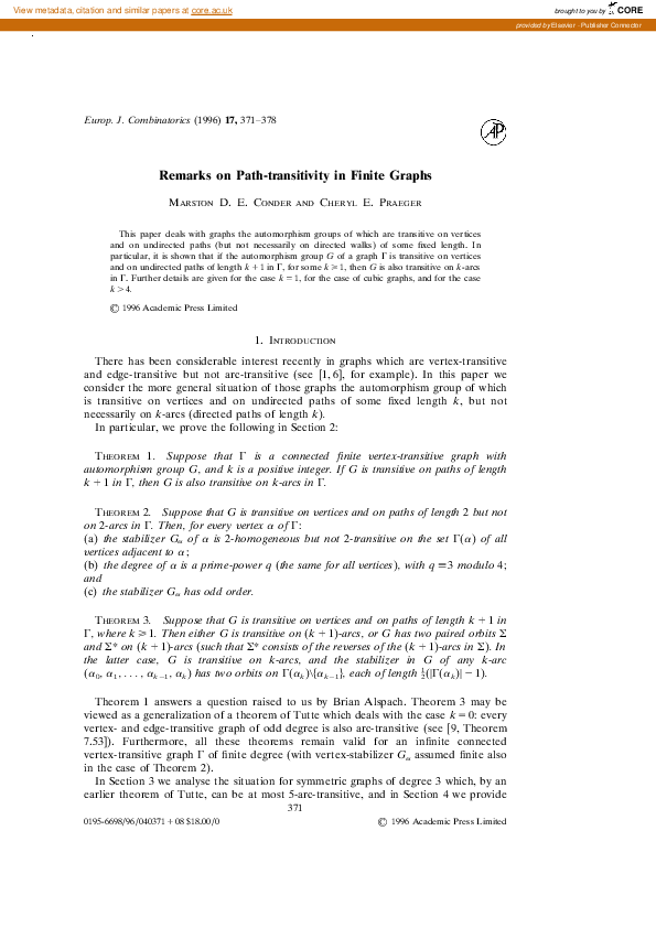 (PDF) Remarks on Path-transitivity in Finite Graphs