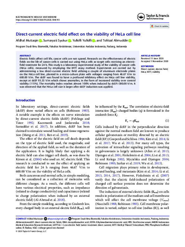 (PDF) Direct-current electric field effect on the viability of HeLa cell line